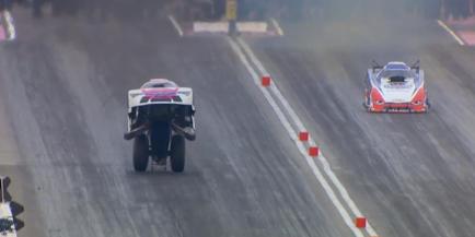 Cruz Pedregon's drag racing wheelie at Las Vegas NHRA
