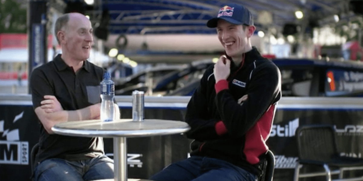 Elfyn and Gwyndaf Evans talking at Rally Portugal 2017