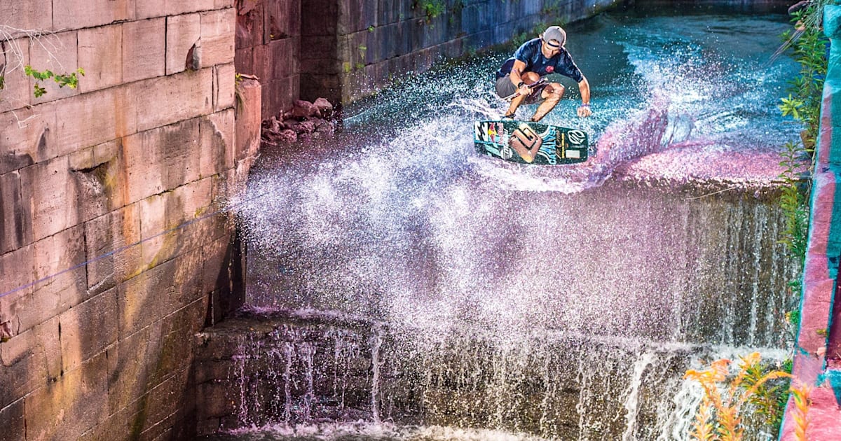 Brian Grubb wakeskating Lake Erie’s river lock system