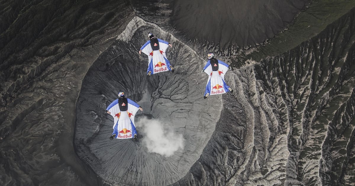 Red Bull Sky Dive Team fly over a volcano in Indonesia