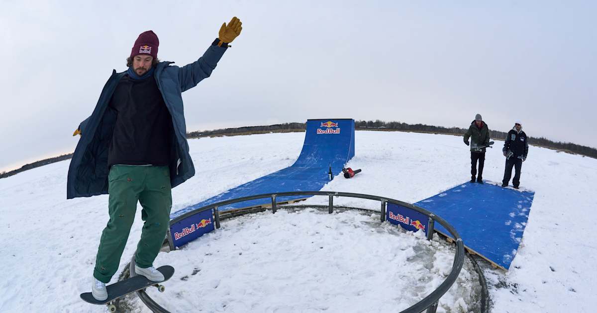 Skating a spinning frozen lake with pro skateboarders