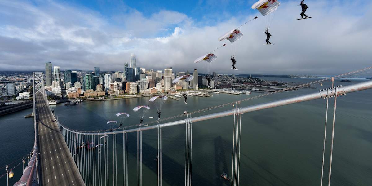 Sean MacCormac skysurfs the San Francisco Bay Bridge