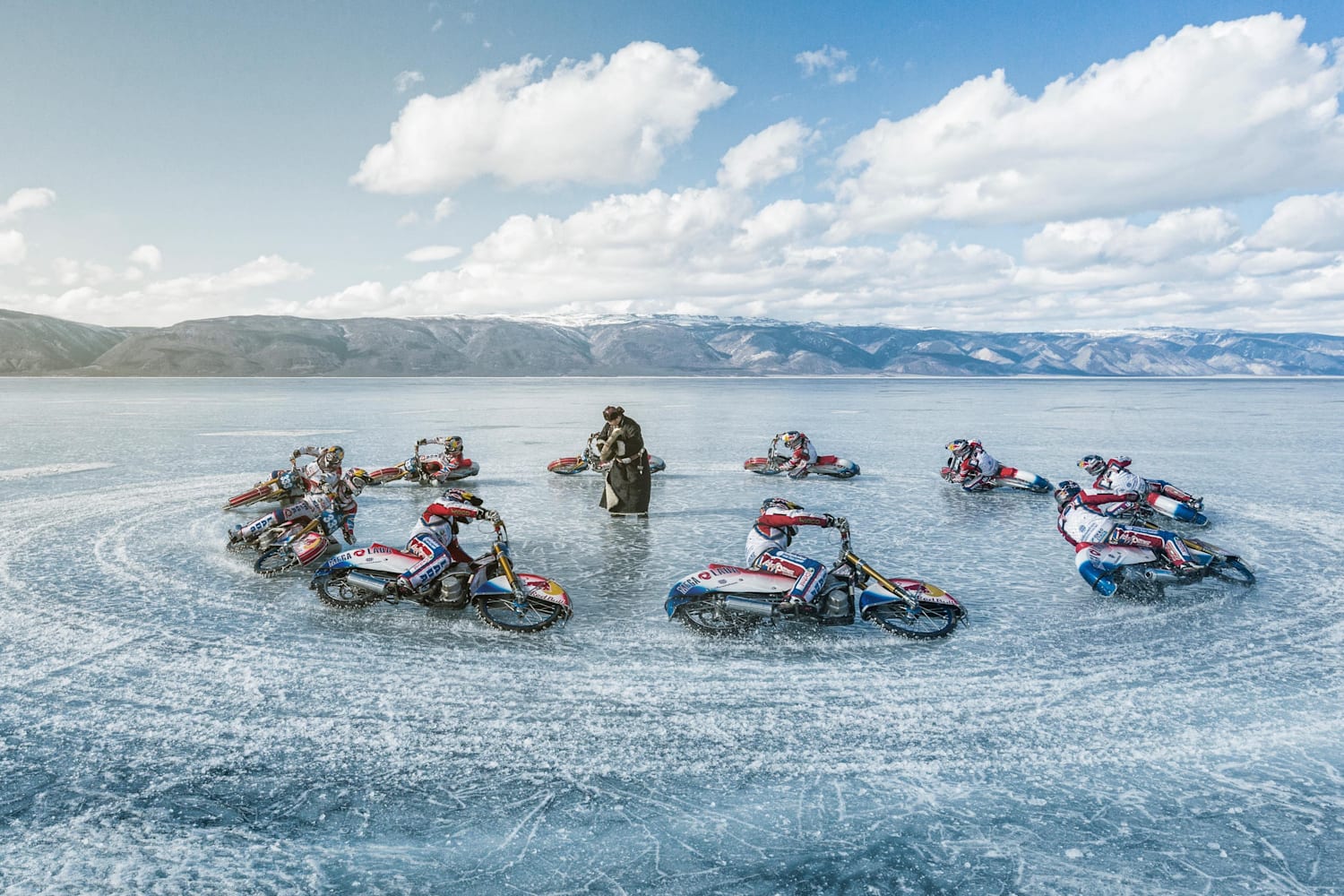 Ice Speedway Motorcycle Rides Frozen Lake in Russia