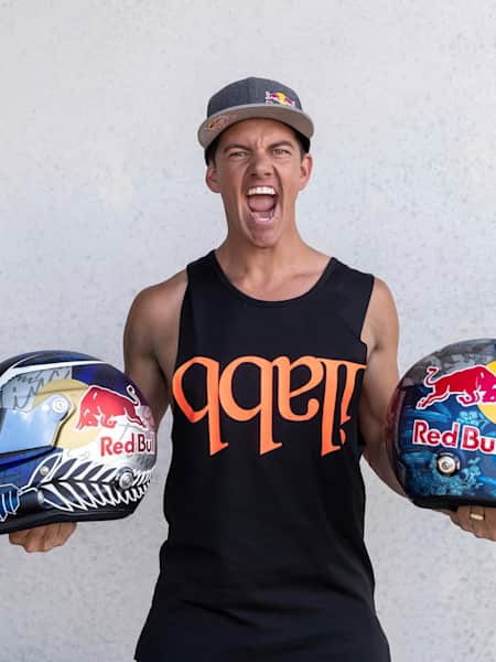 Mad Mike Whiddett and his two new Red Bull helmets