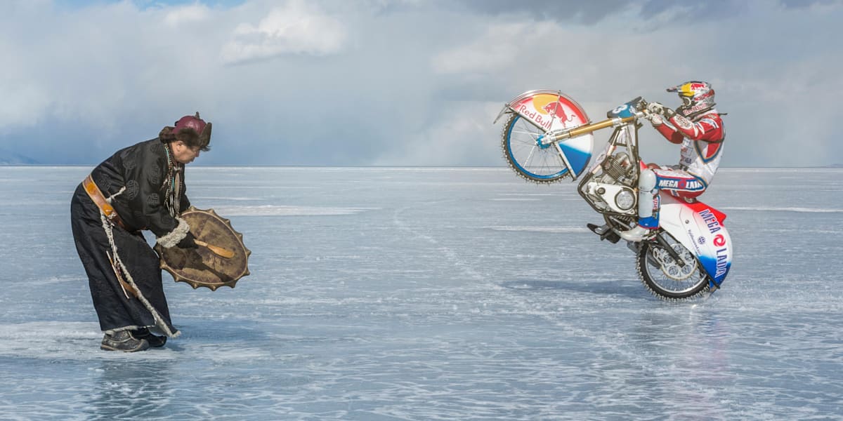 Ice Speedway Motorcycle Rides Frozen Lake in Russia