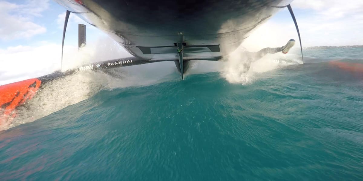 Graeme Spence falls off ORACLE TEAM USA during training