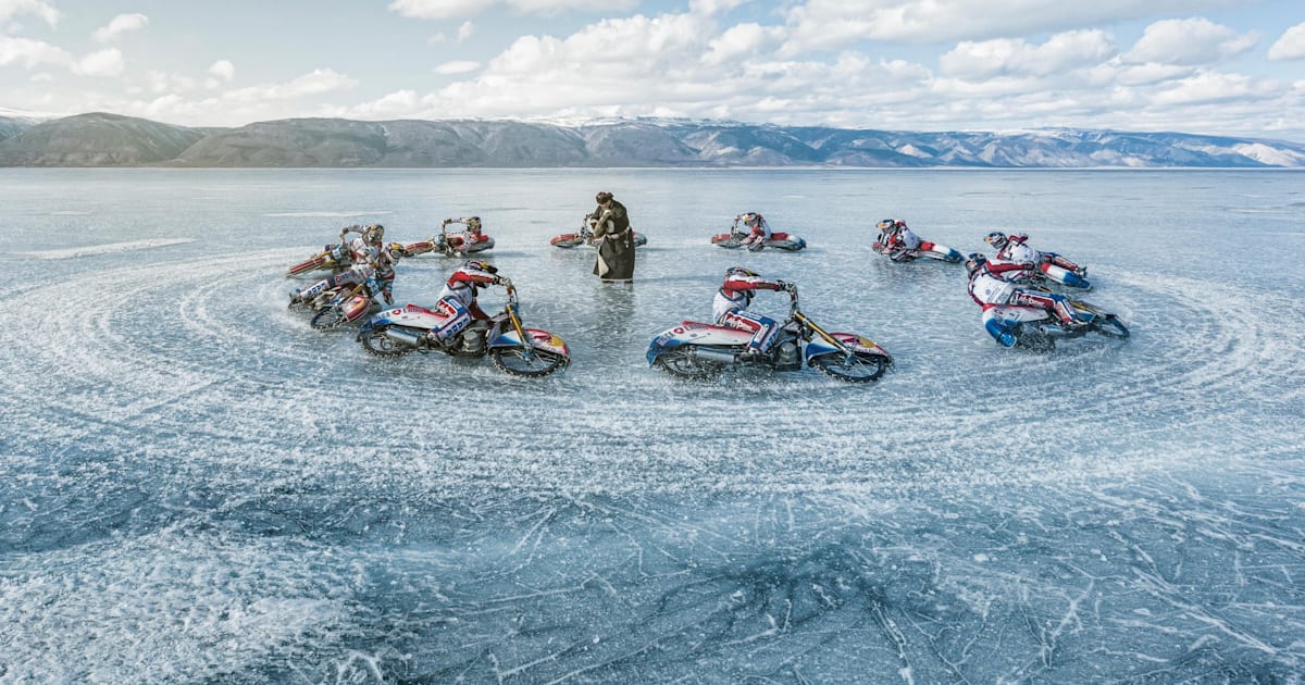 Ice Speedway Motorcycle Rides Frozen Lake in Russia