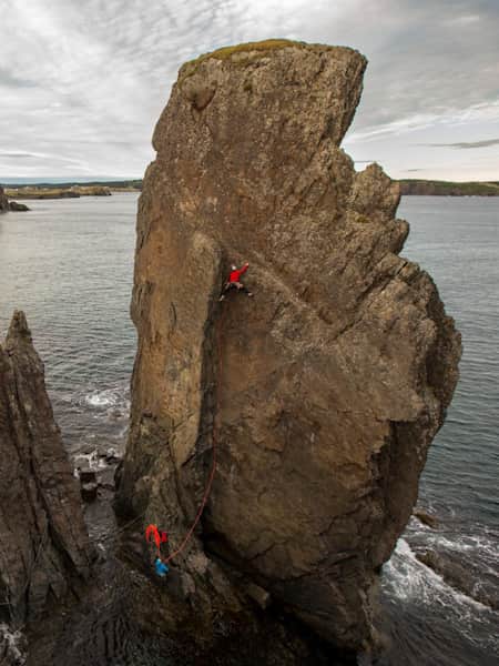 Will Gadd climbing Newfoundland sea stacks