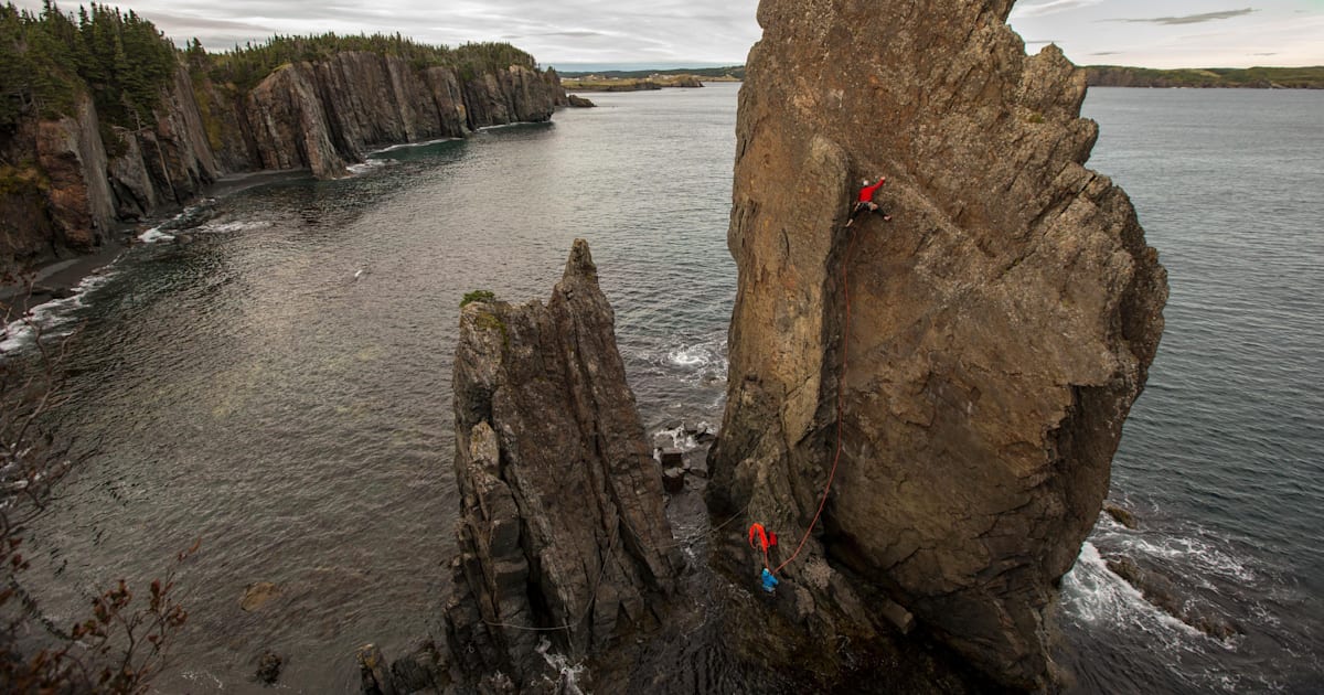 Will Gadd climbing Newfoundland sea stacks