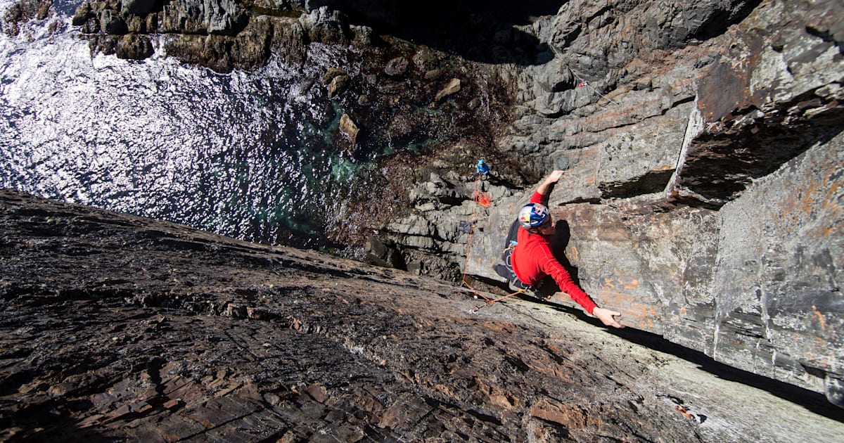 Will Gadd climbing Newfoundland sea stacks