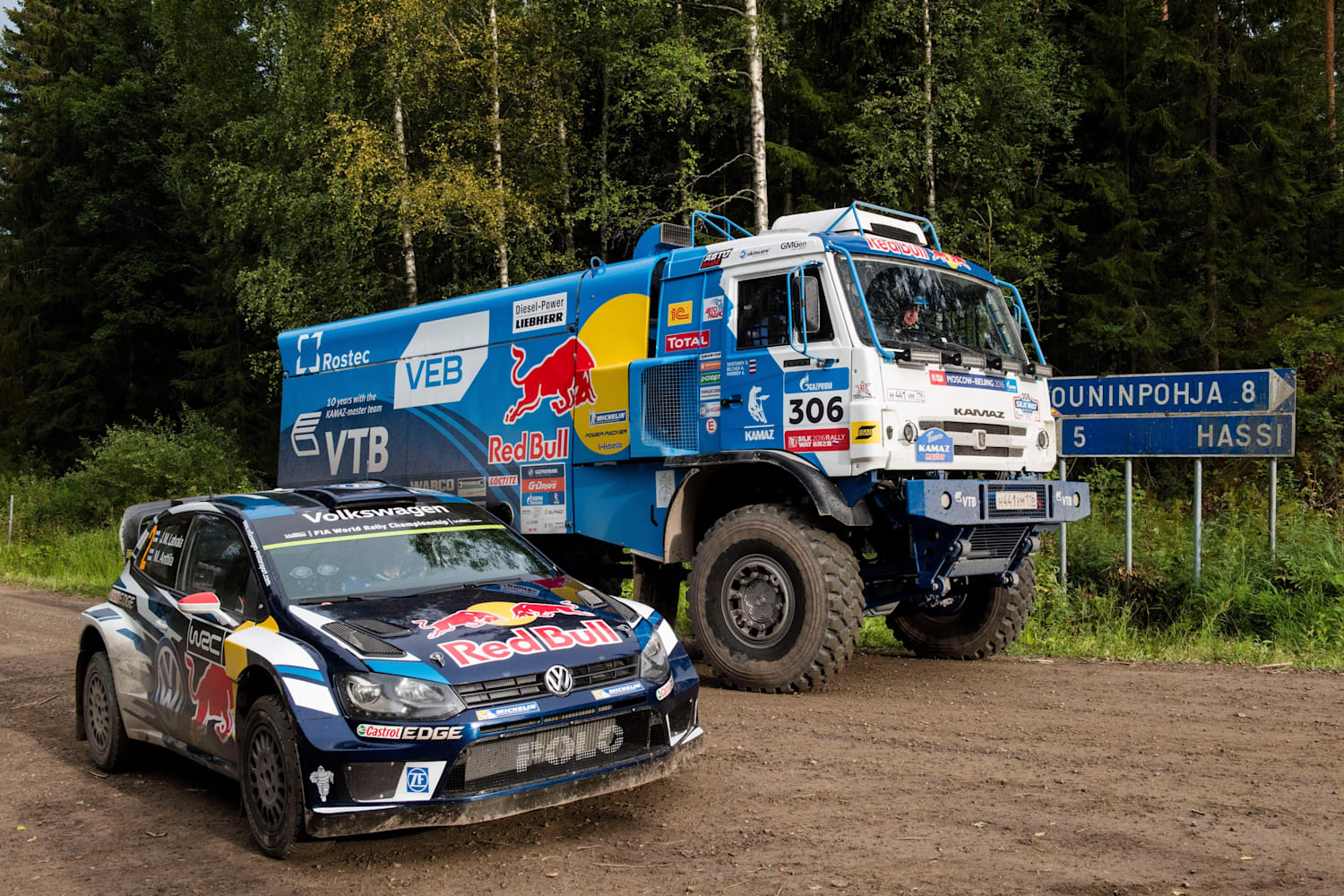 Rally Finland Ouninpohja stage VW race Kamaz over jumps