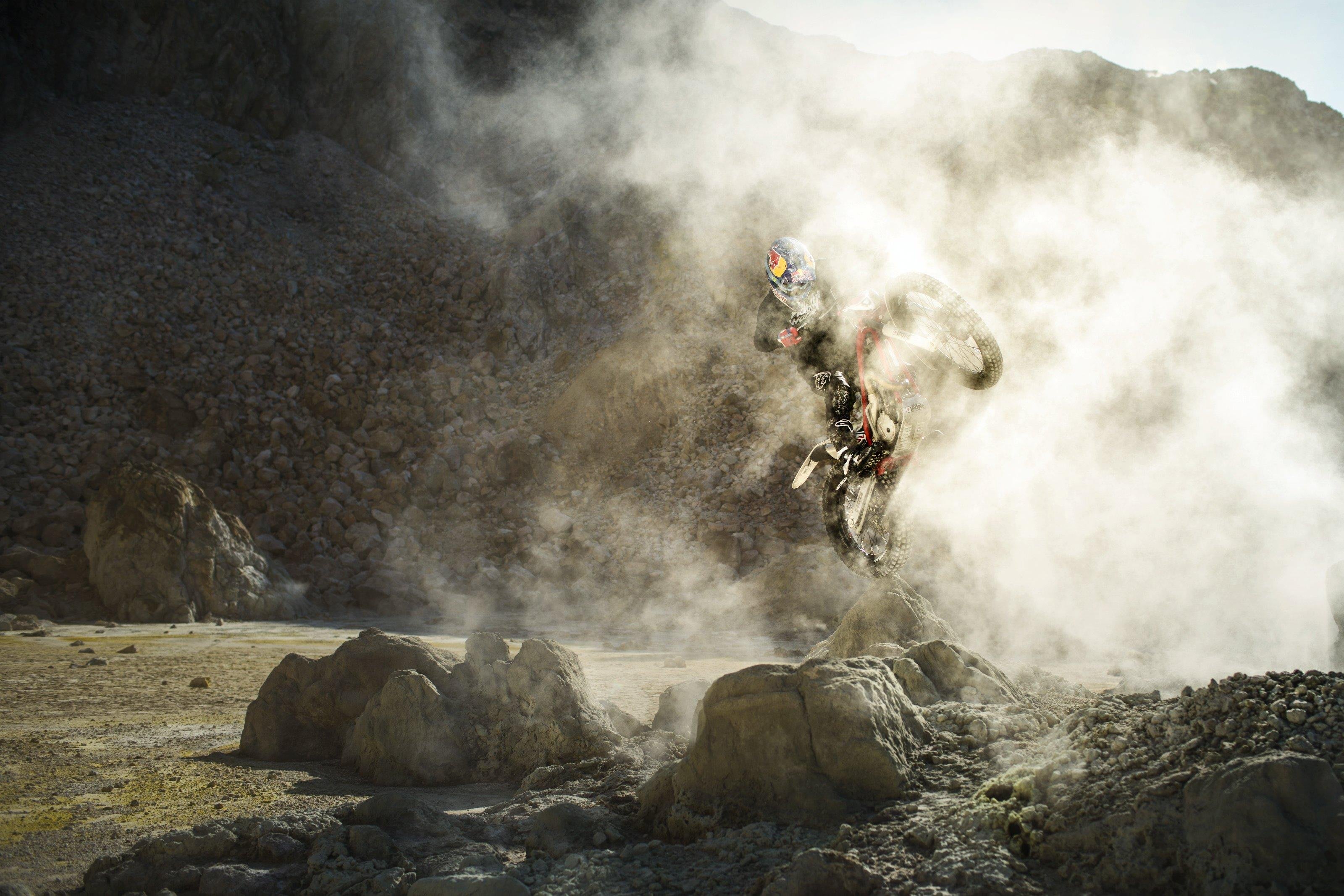 Julien Dupont rides a motorbike into a volcano