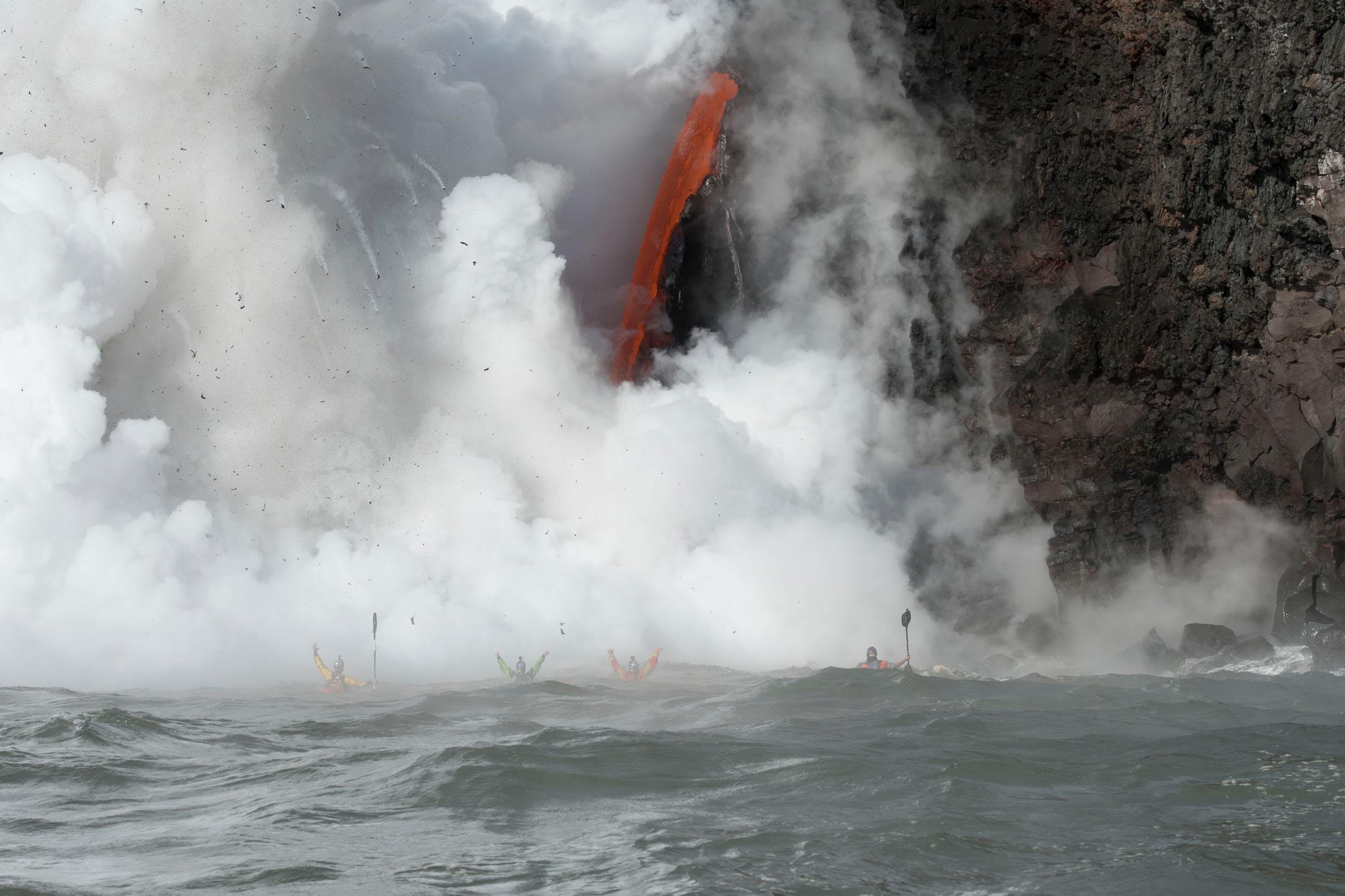 Kayakers Dane Jackson and Rafa Ortiz at Lava Waterfall
